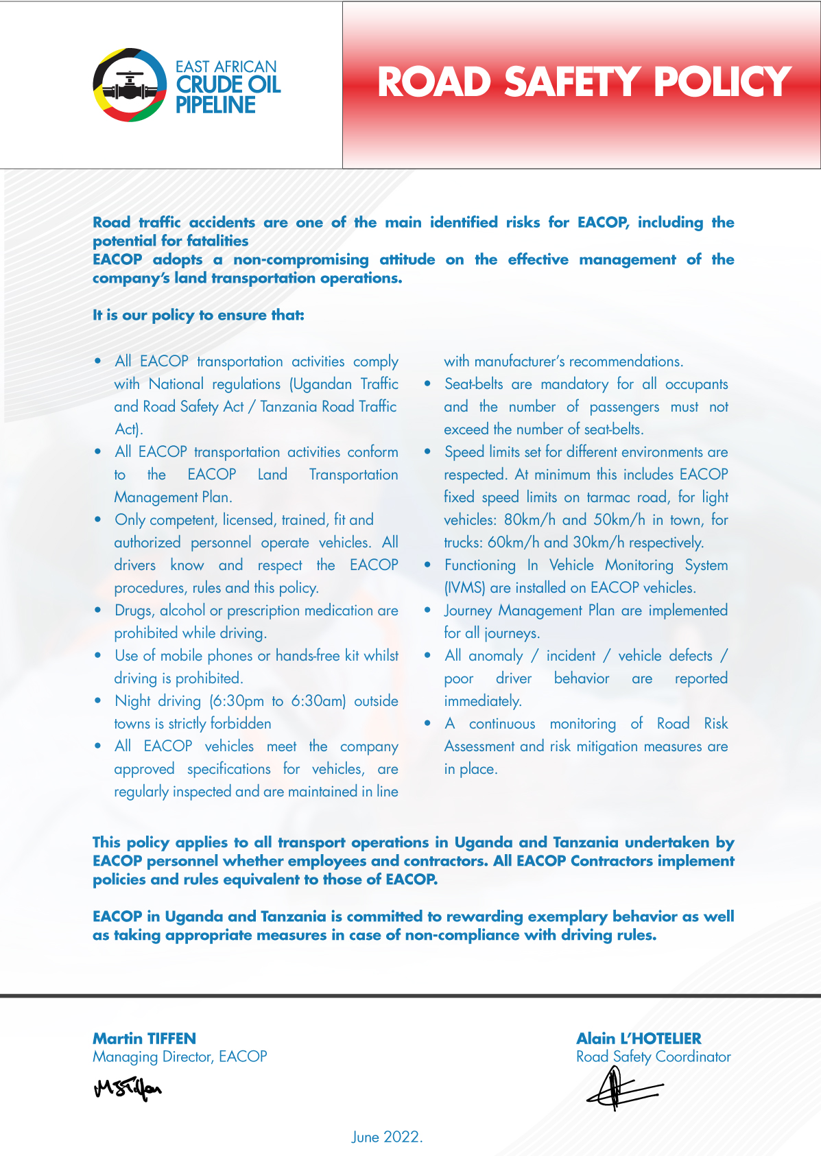 Road Safety Policy – EACOP